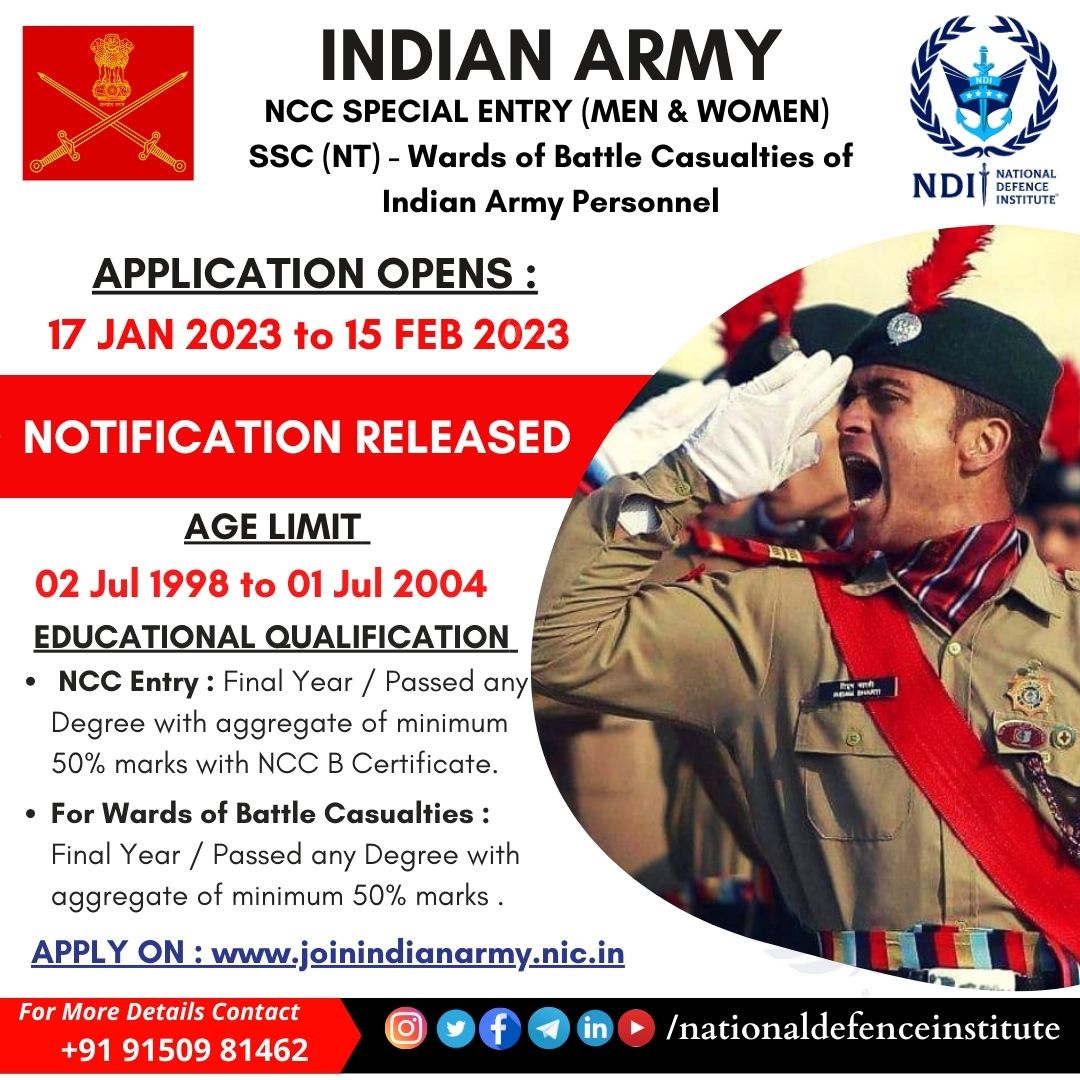 INDIAN ARMY NCC SPECIAL ENTRY SCHEME 54 COURSE (OCT 2023): SHORT SERVICE COMMISSION (NT) FOR MEN ...